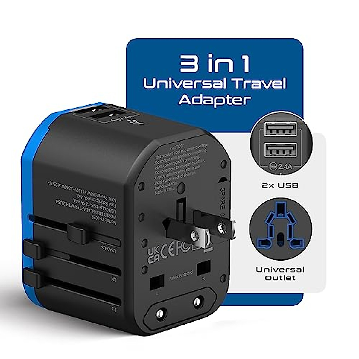 Ceptics Universal Adapter - World Power Charger Wall Charger 2 USB Type I C G A Outlets All in One 110V 220V A/C - Works in Europe, Asia, Australia, China, Africa (UP-8KU-BLK)