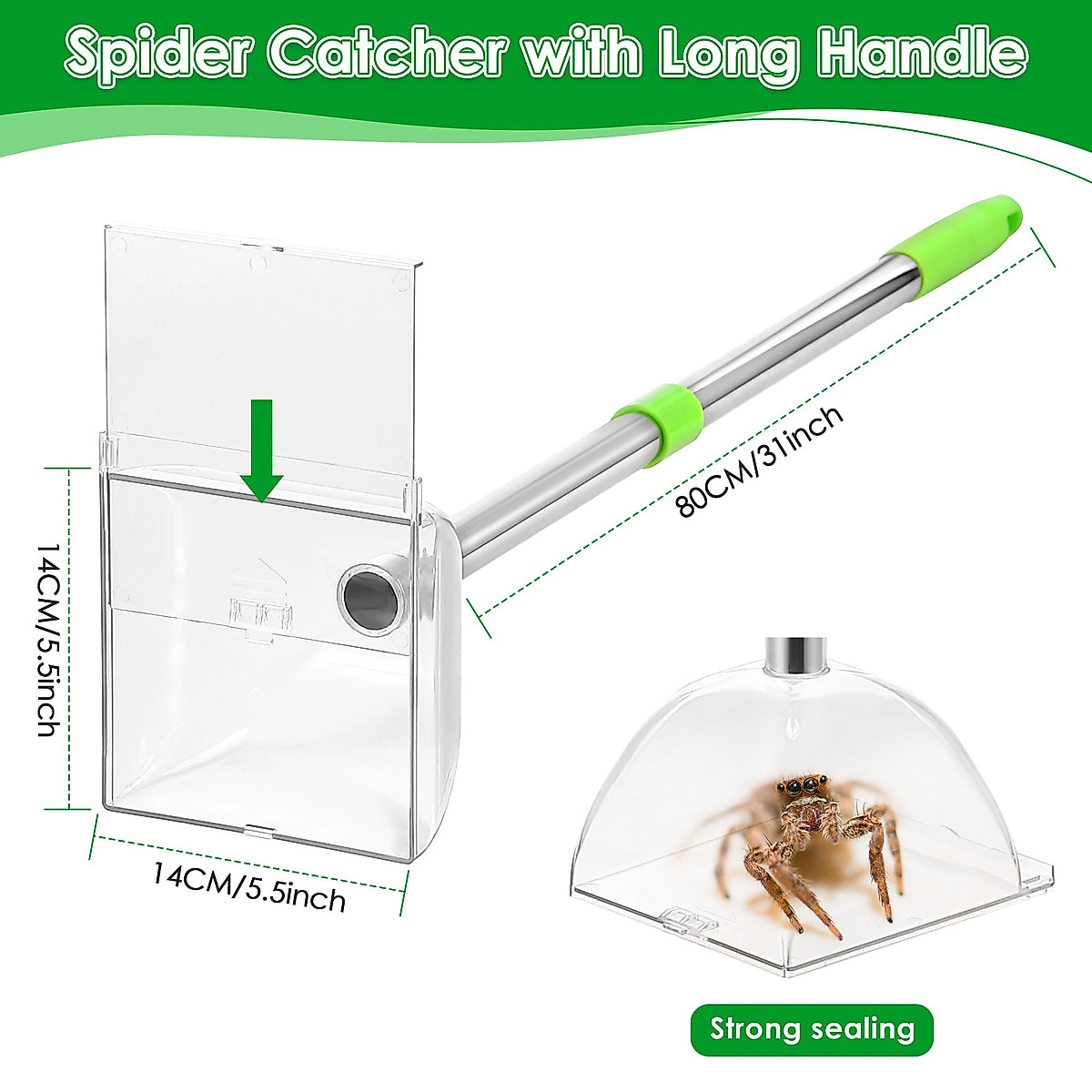 Saillong 1 Pack Large Spider Insect Catcher with Long 31'' Handle, Contactless Spider Grabber Removes Release Spiders and Insects, Spider Catchers for Home Kid Nature Explore