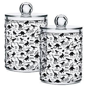 4 Pack Qtip Dispenser Apothecary Jars Dino Bathroom Organizer, Funny Dinosaurs Ink Qtip Holder Storage Canister Plastic Acrylic Jar for Cotton Ball/Swab/Rounds