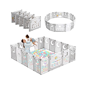 Dripex Baby Playpen, Foldable Playpen for Babies and Toddlers, Adjustable Shape Baby Fence, Safety Play Yard with Gate, Portable Play Area for Indoor or Outdoor (Grey+White,18 Panel)