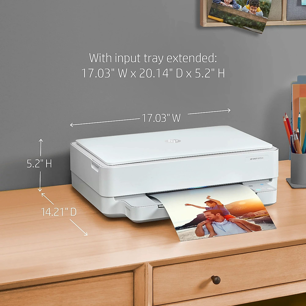 HP Envy 6052e All-in-One Wireless Color Inkjet Printer, Print Copy Scan, 2-Sided Printing, WiFi USB Bluetooth Connectivity, Instant Ink Ready, White (Renewed)
