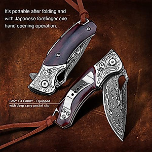 TURENZ Handmade Damascus Steel Flipper Folding Knife with Pocket Clip, Liner Lock, Tactical Knife for Camping, Hunting, Fishing and EDC (Black & White)