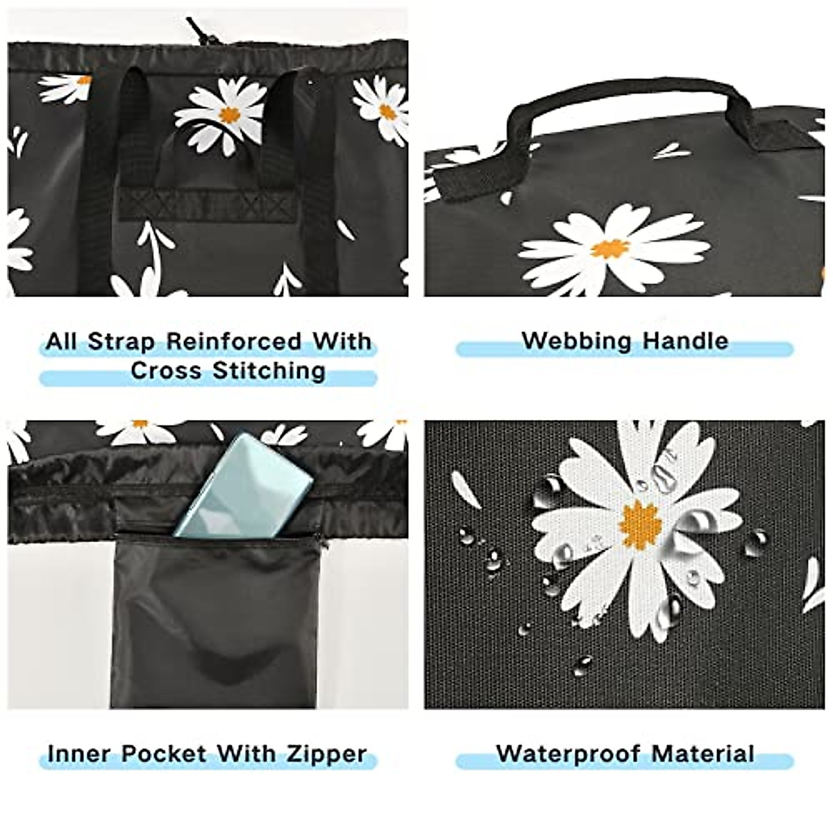 Kigai Small Daisy Travel Laundry Bag Waterproof Durable Large Laundry Backpack with Handles and Drawstring Closure Machine Washable Dirty Clothes Organizer Storage Bag Laundry Hamper