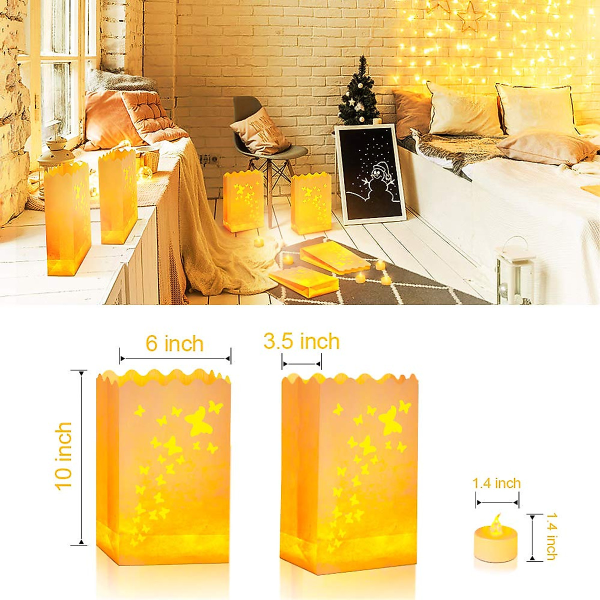 50 PCS Butterfly Luminary Bags & 50 PCS Battery Tea Lights, White Luminary Bags with Flameless Candles, LED Lamp Holiday Gift Flameless LED Tealight for Outdoor Christmas Thanksgiving Decorations