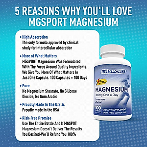 Magnesium Supplement Complex MGSPORT - High Absorption Supplement with Vitamins B6, D, E - Relieves Leg Cramps & Muscle Support - 100 Servings