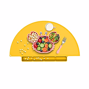 Food Catching Baby Placemat with Suction, Kids Portable Placemats for Dining Table, Premium Silicone toddler baby eating mat, Dishwasher Safe, Easy to Storage and Carry (Yellow)