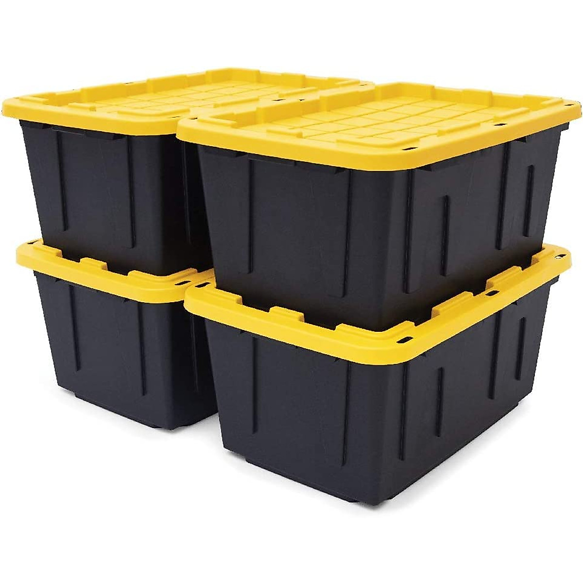 BLACK & YELLOW 27-Gallon Tough Storage Containers with Secure Snap Lid, Stackable, Extremely Durable, Nestable, 4 Pack