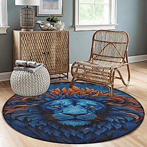 Modern Round Rug African Flaming Lion Blue Art Office Computer Chair Cozy Floor Mat Area Rugs Home Decor Soft Carpets Play Rug, Diameter 24inch 36inch 60inch