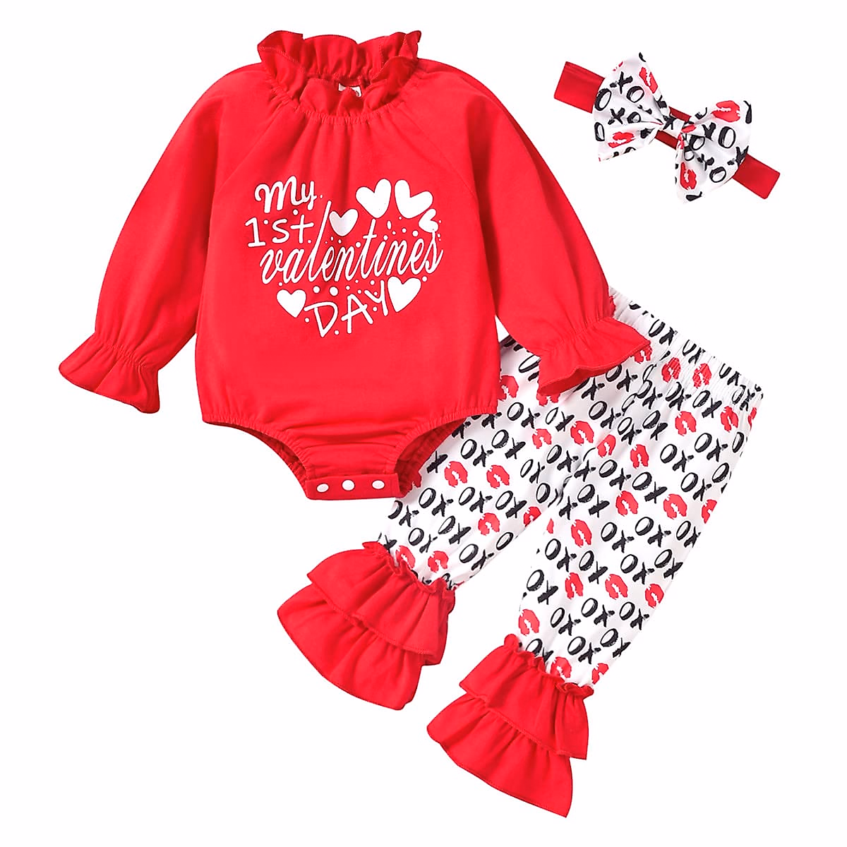 Newborn Baby Girl My First Valentines Day Outfits My 1st Valentines Day Romper+Pants+Headband Clothes Set (Red, 0-3 Months)