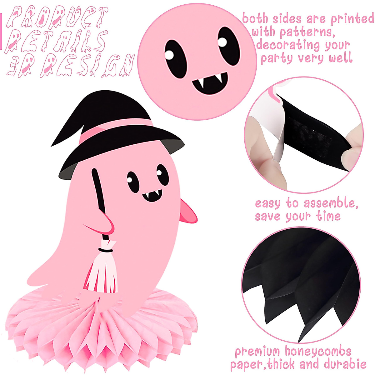 Halloween Party Honeycomb Centerpieces 12Pcs Happy Halloween Party Decorations for Girls Pink and Black Halloween Theme Centerpieces for Ghost Pumpkin Bat Witch Theme Party Baby Shower Supplies