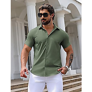URRU Men's Muscle Dress Shirts Slim Fit Stretch Short Sleeve Casual Button Down Shirts for Men Army Green M
