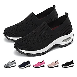 Womens Sneakers-Air Go-Walk Air Cushion Trainers, 2023 New Women's Orthopedic Platform Arch Motion Sneakers, Air Cushion Slip-On Walking Orthotic Shoes for Women Arch Diabetes Support (7.5, Black)