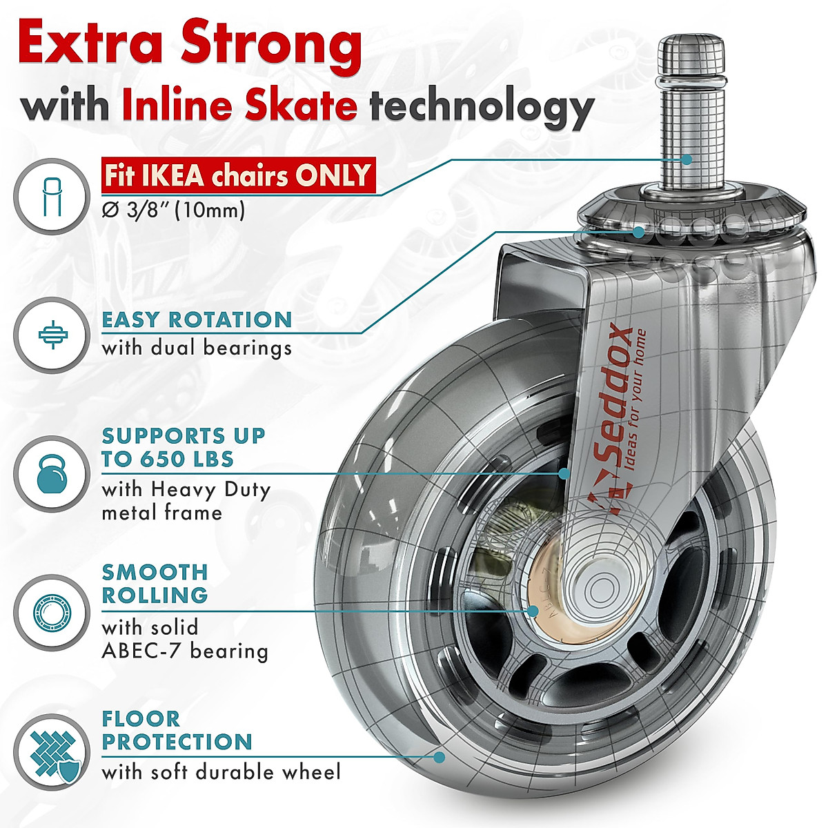 Professional Office Chair Wheels 10mm Stem - FIT IKEA Chairs ONLY - 3'' Replacement Rollerblade Rubber Chair Casters - Best Protection for Your Hardwood Floors Without Any Chair MATS - Silver