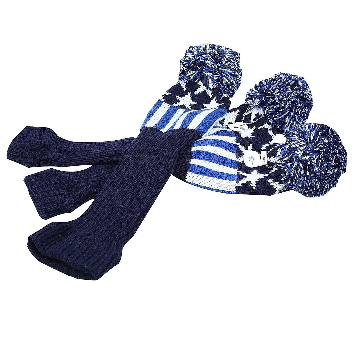 Golf Builder 3pcs/Set USA Stars and Stripes Knitted Golf Head Covers Sock Covers Pom Pom Covers for Driver Fairway Wood (Blue)