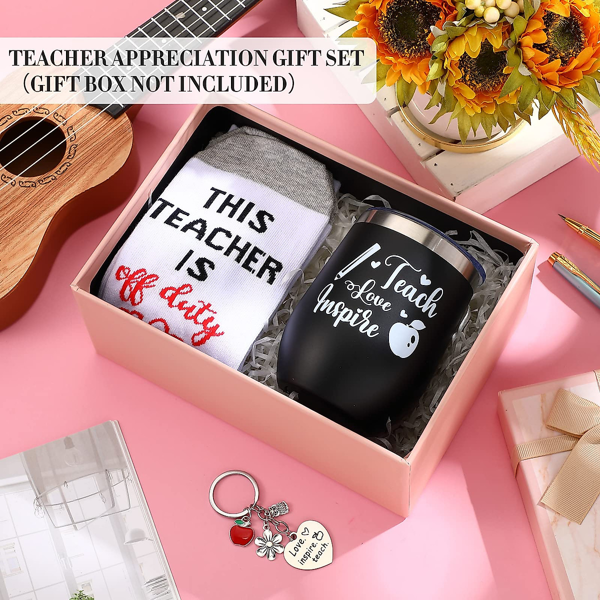 48 Pcs Teacher Appreciation Christmas Gifts in Bulk for Women 12 oz Stainless Steel Wine Tumblers Set Teacher Keychain and Sock for Thanks Teacher End of Year Gift(Teal, Rose Gold, Purple, Black)