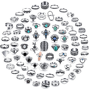 17 MILE 82 Pcs Vintage Silver Knuckle Rings Set for Women, Bohemian Stackable Joint Finger Rings, Retro Stone Crystal Stacking Midi Rings Pack (Silver)