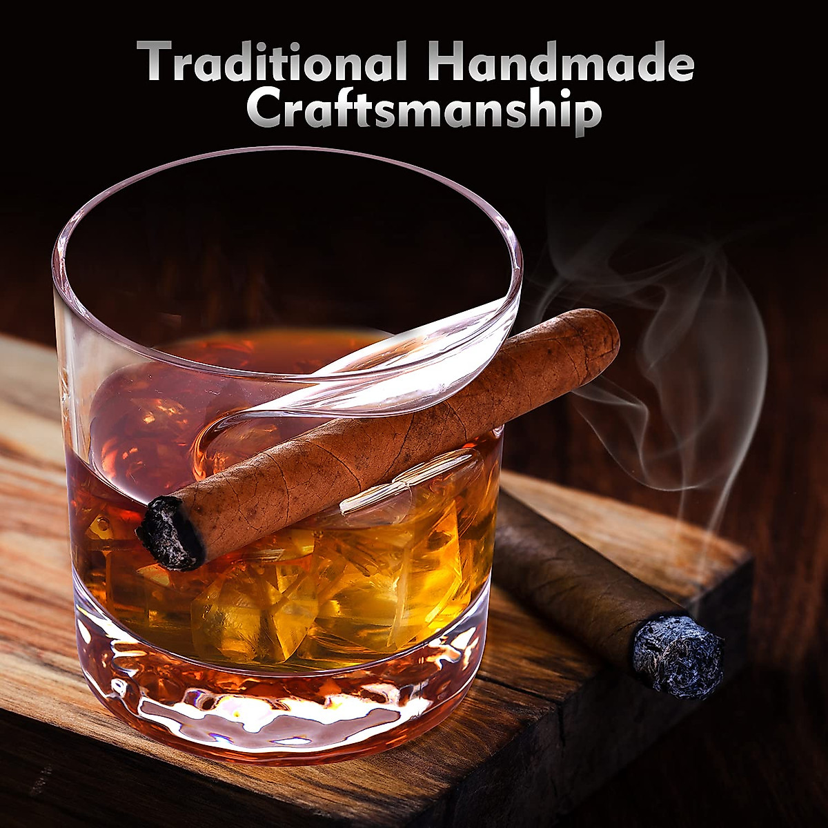 Chouggo Cigar Whiskey Glasses - Unique Ice Ball Bottom Design - Old Fashioned Whiskey Glasses Set of 2, Great Gifts for Dad from Daughter, Son, Wife