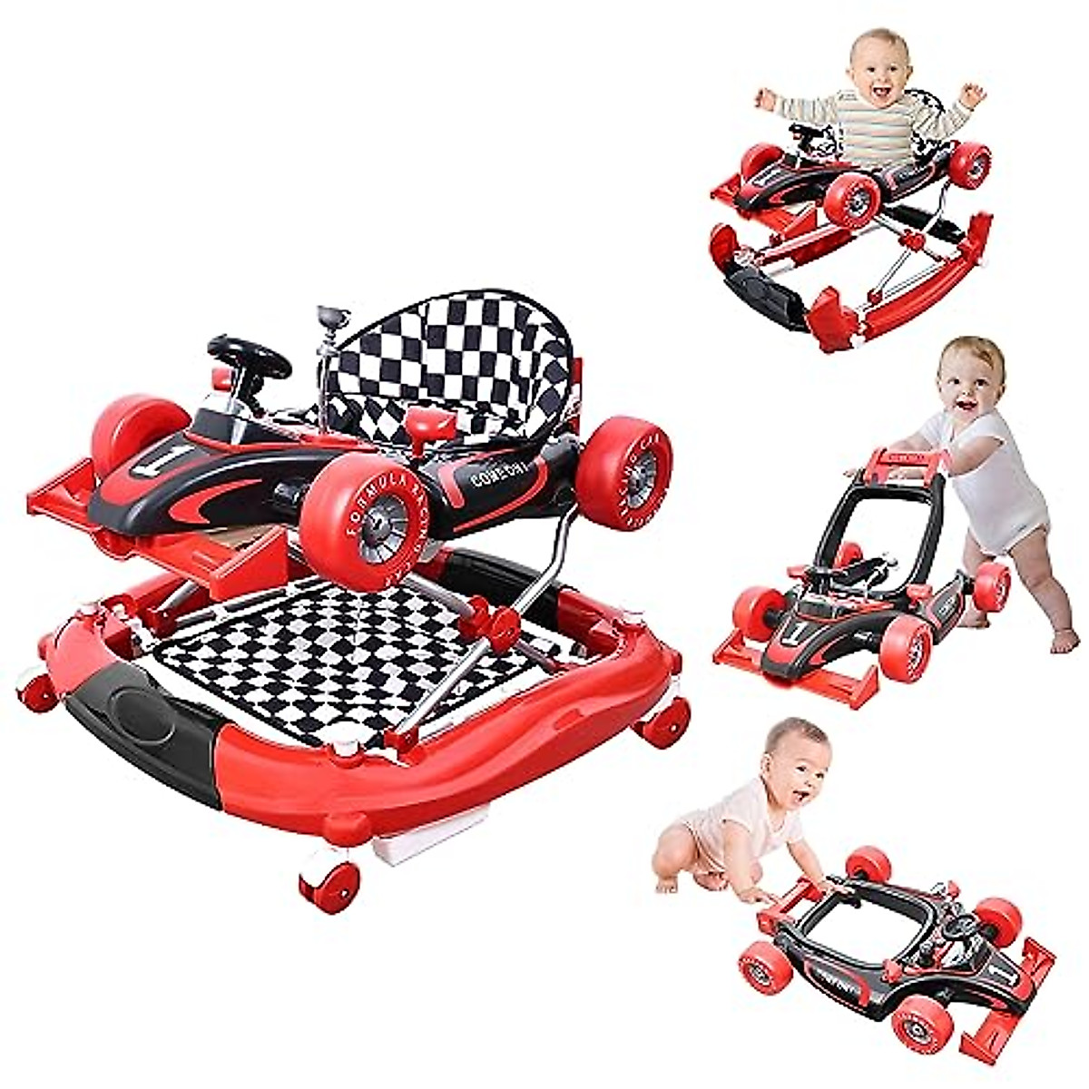 Baby Walker, 4-Mode＆4-Gear Height Adjustable Baby Walker with Wheels, Foldable Baby Walkers and Activity Center with Foot Pads, Infant Toddler Walker, Baby Walkers for Baby Boys and Girls 6-24 Months