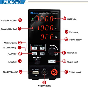 LWLONGWEI DC Power Supply Variable,30V 10A 300W Programmable Memory Function Adjustable Switching Regulated DC Bench Power Supply with 4-Digits LED Power Display 5V/2A USB Coarse and Fine Adjustmentsy