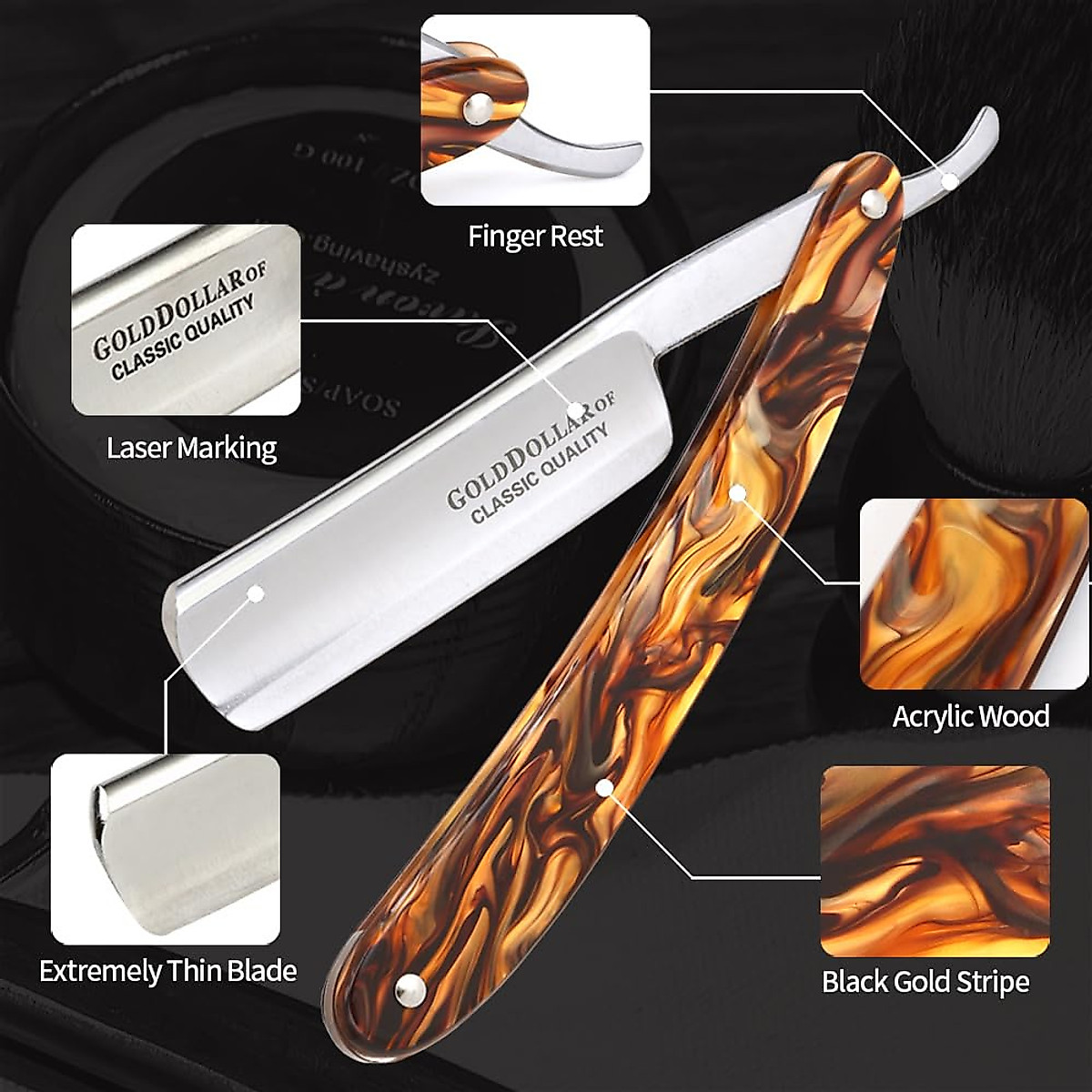 Gold Dollar Retro Shaving For Men Acrylic Handle Straight Razor Barber Shaving Ready Without Stabilizer Scraper Cloth Kit