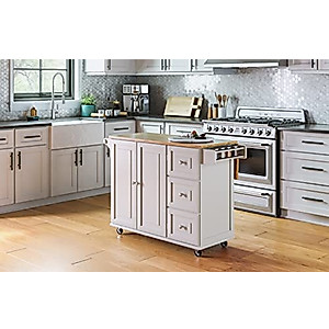 Homestyles Mobile Kitchen Island Cart with Wood Drop Leaf Breakfast Bar, Off White,Soft White, 54 Inch Width