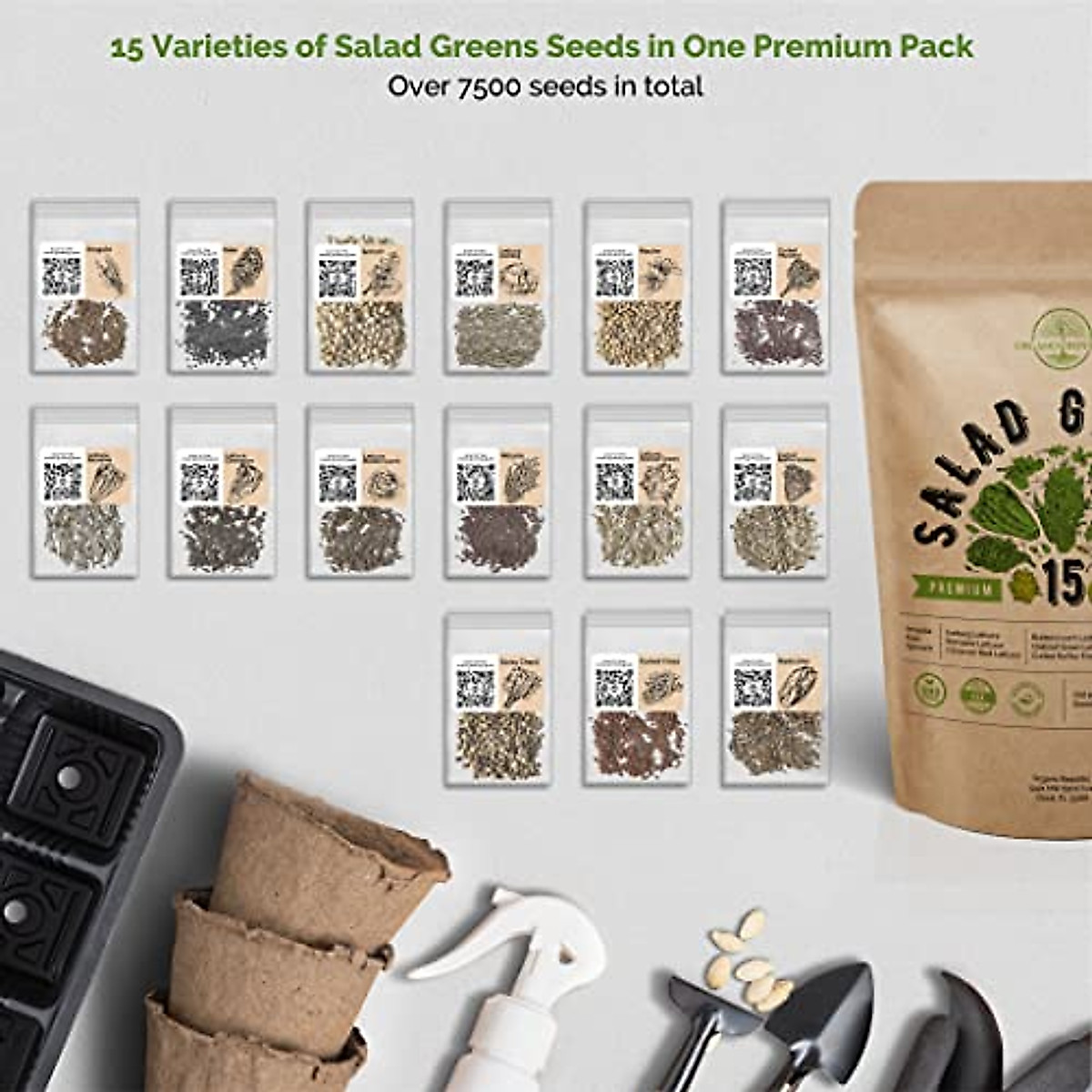 15 Lettuce & Salad Greens Seeds Variety Pack 7500+ Non-GMO Heirloom Lettuce Seeds for Planting Indoors & Outdoors Garden, Hydroponics, Aerogarden - Arugula, Kale, Spinach, Swiss Chard, Lettuce & More