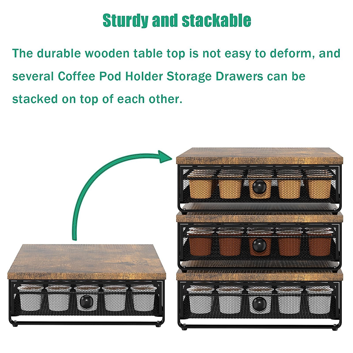 K Cup Organizer, Coffee Pod Holder Drawer, Under Brewer Storage Organizer with Sliding Drawer holds up to 35 K-Cup Pods, No Assembly Needed, Rustic Brown