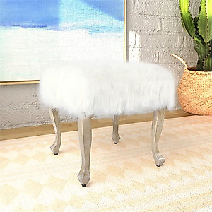 HomePop Faux Fur Square Stool with Wood Legs, White