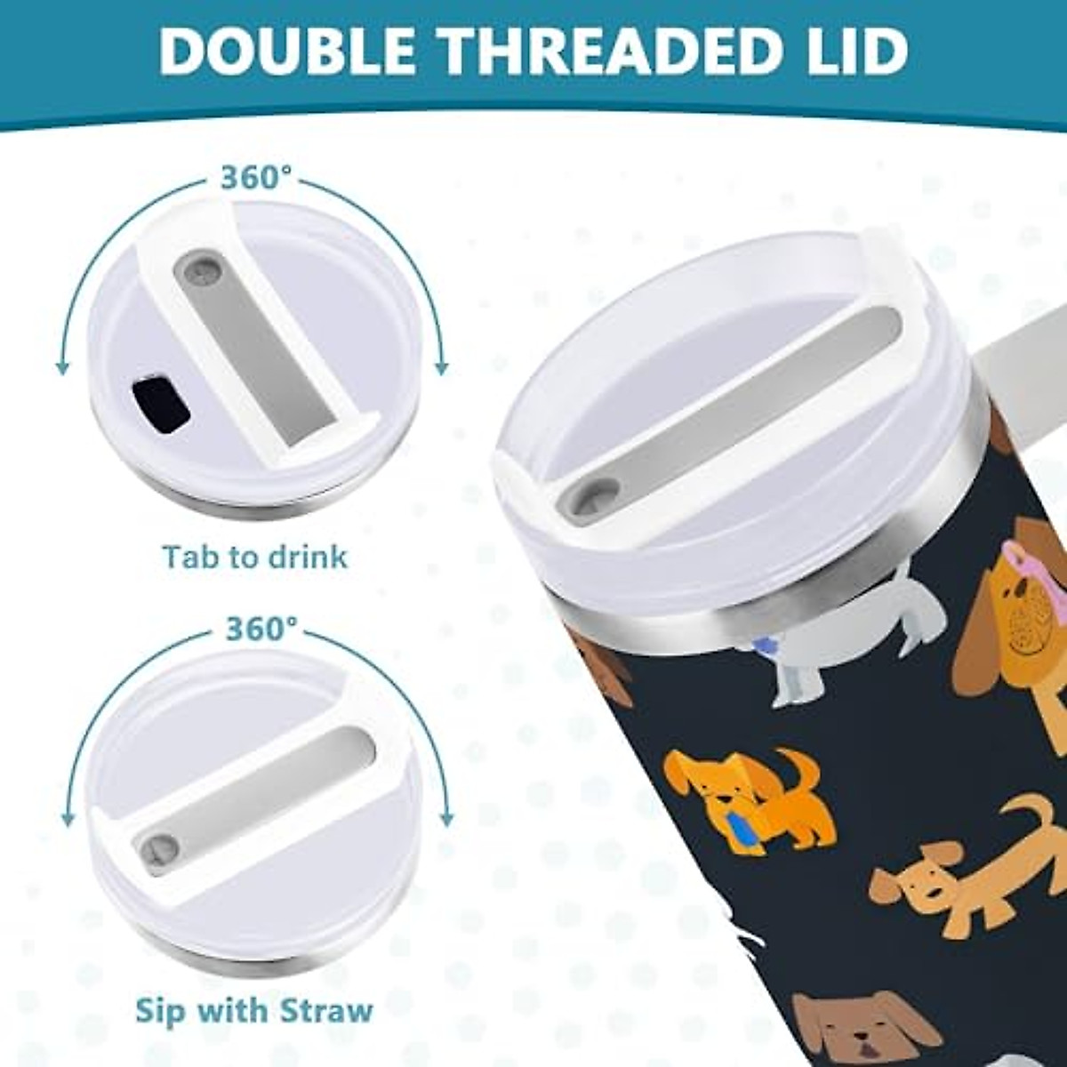 RPLIFE Cartoon Style Dogs Black 40oz Tumbler with Handle, Stainless Steel Water Bottle with Straw, Travel Coffee Tumbler