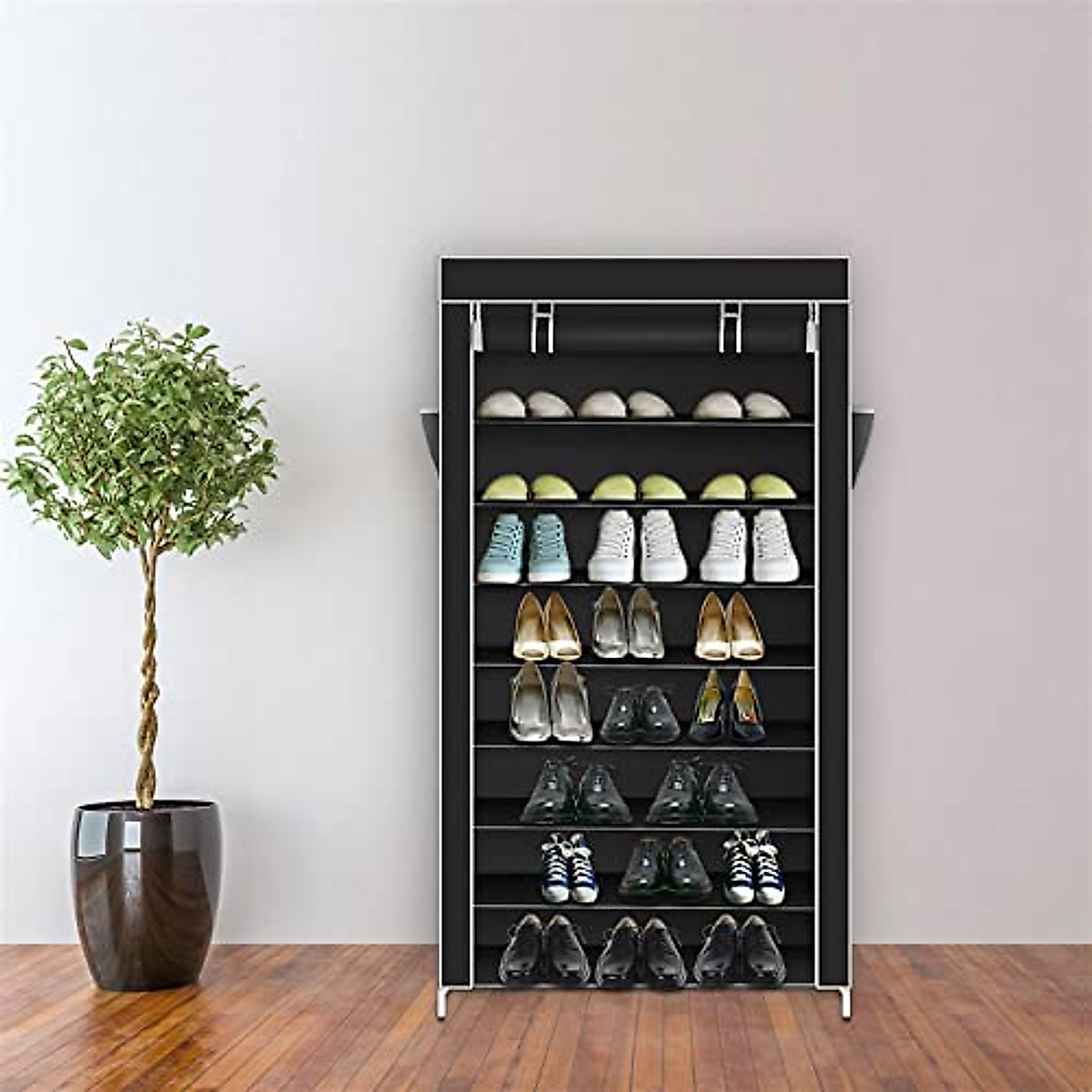 50 Pairs Shoe Rack with Dustproof Cover - Closet Organizer Cabinet for Efficient Shoe Storage - Black