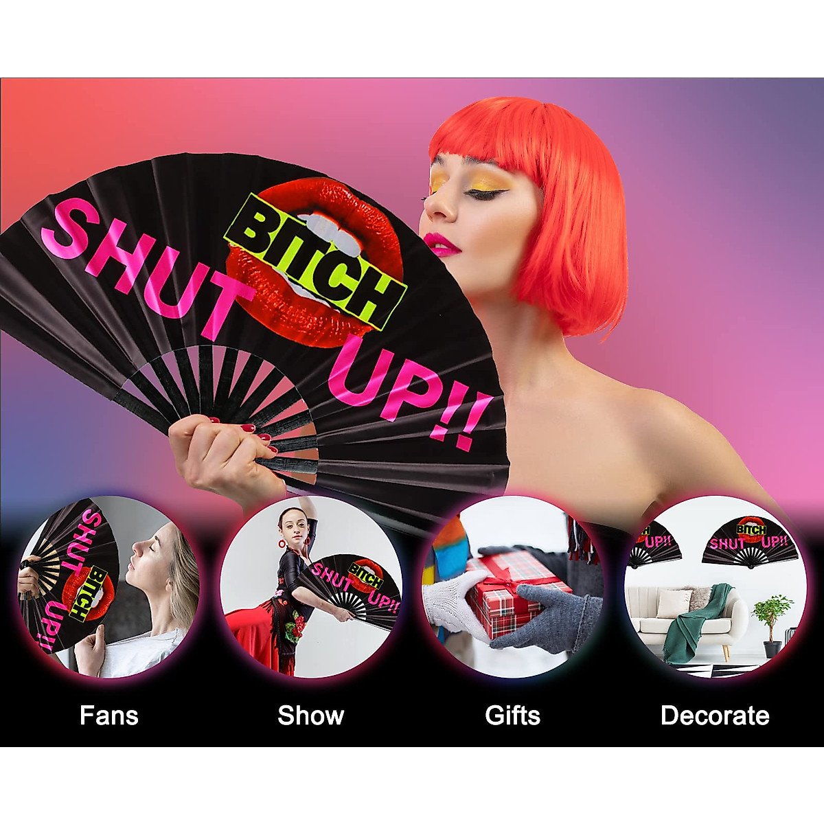 TAYUQEE Folding Hand Fan for Women - UV Glow Rave Hand Fan Large Bamboo Hand Held Chinese Fan with Velvet Bag for Rave Party, Music Festival, EDM, Drag Queen, Burlesque, Decoration, etc.