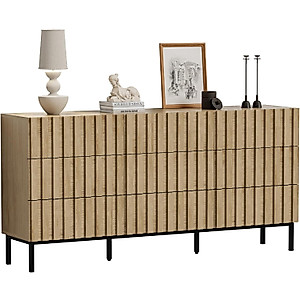 UEV Modern 9 Drawer Dresser for Bedroom,59" Mid Century Modern Dresser,Fluted Dresser Natural Wood Dresser with Panels for Handle,Long Chest of Drawers TV Stand Dresser for Bedroom,Living Room,Hallway