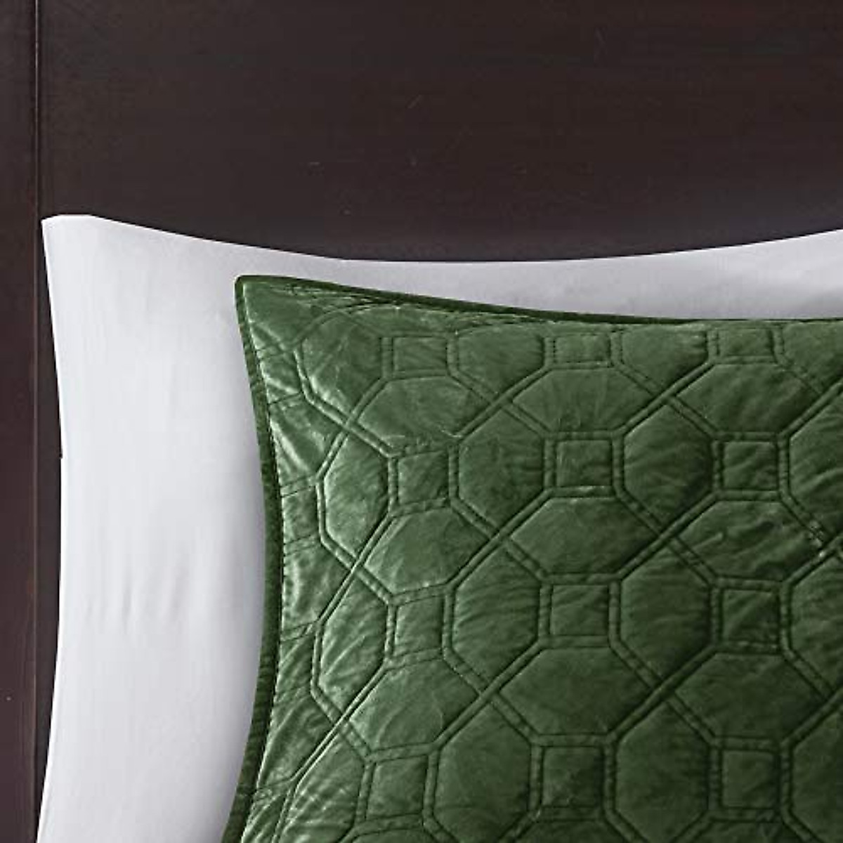 Madison Park Harper Quilt Set Velvet Casual Geometric Stitching Design All Season, Lightweight Coverlet, Cozy Bedding, Matching Shams, Full/Queen(90"x90"), Green 3 Piece