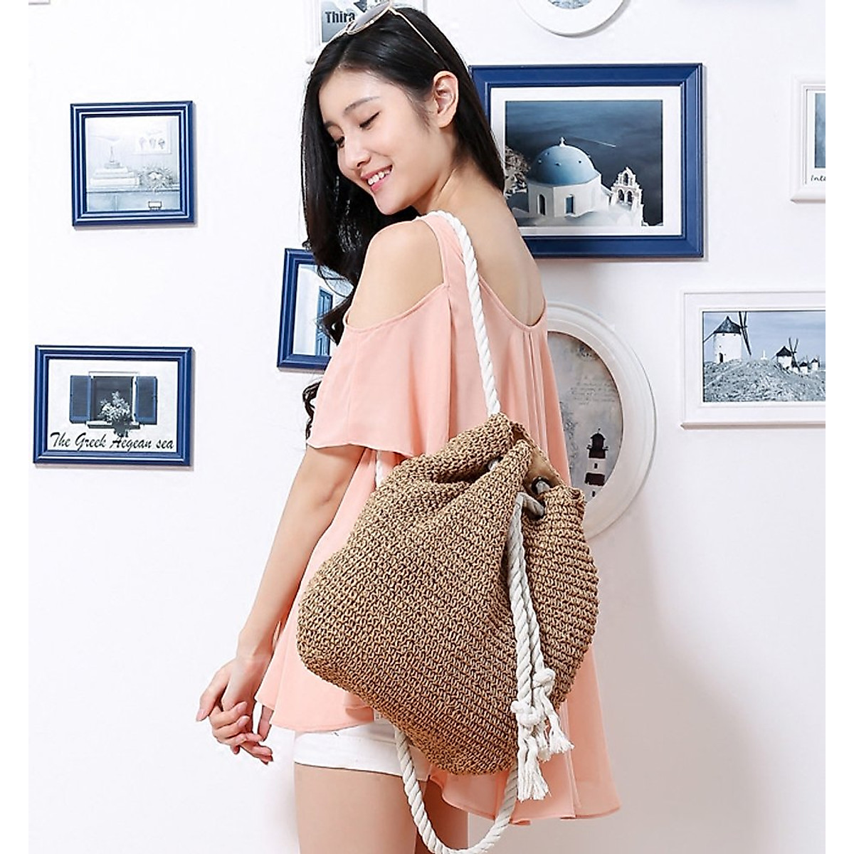 TONWHAR® Campus Fashion Straw Shoulder Bag Beach Backpack Purse (Brown)