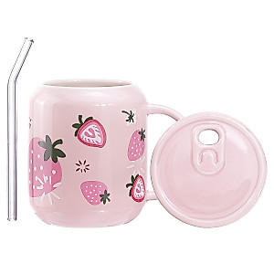 Sizikato Porcelain Mug with Lid and Straw, 13 Oz Water Cup with Handle, Cute Strawberry Pattern