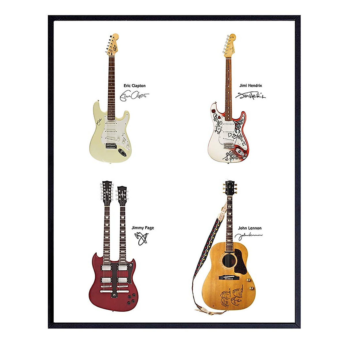 Iconic Rock Star Guitars Wall Art Poster - 8x10 Photo Print - Cool Gift for John Lennon, Jimmy Page, Jimi Hendrix, Eric Clapton Fans, Guitarists, Musicians - Unique Home Decor, Room Decoration