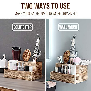 WELLAND Hair Tools Organizer for Bathroom Wall & Countertop, Holds Blow Dryer, Curling Iron, Hair Straightener and More, Rustic Wood Hair Dryer Holder with 3 Stainless Steel Cup