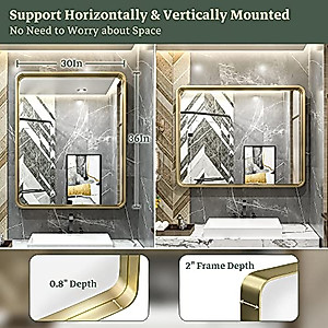 TokeShimi Gold Bathroom Mirror for Wall 36 x 30 Inch Metal Rounded Corner Rectangle Mirror Metal Frame Deep Set Design Hangs Horizontal Or Vertical