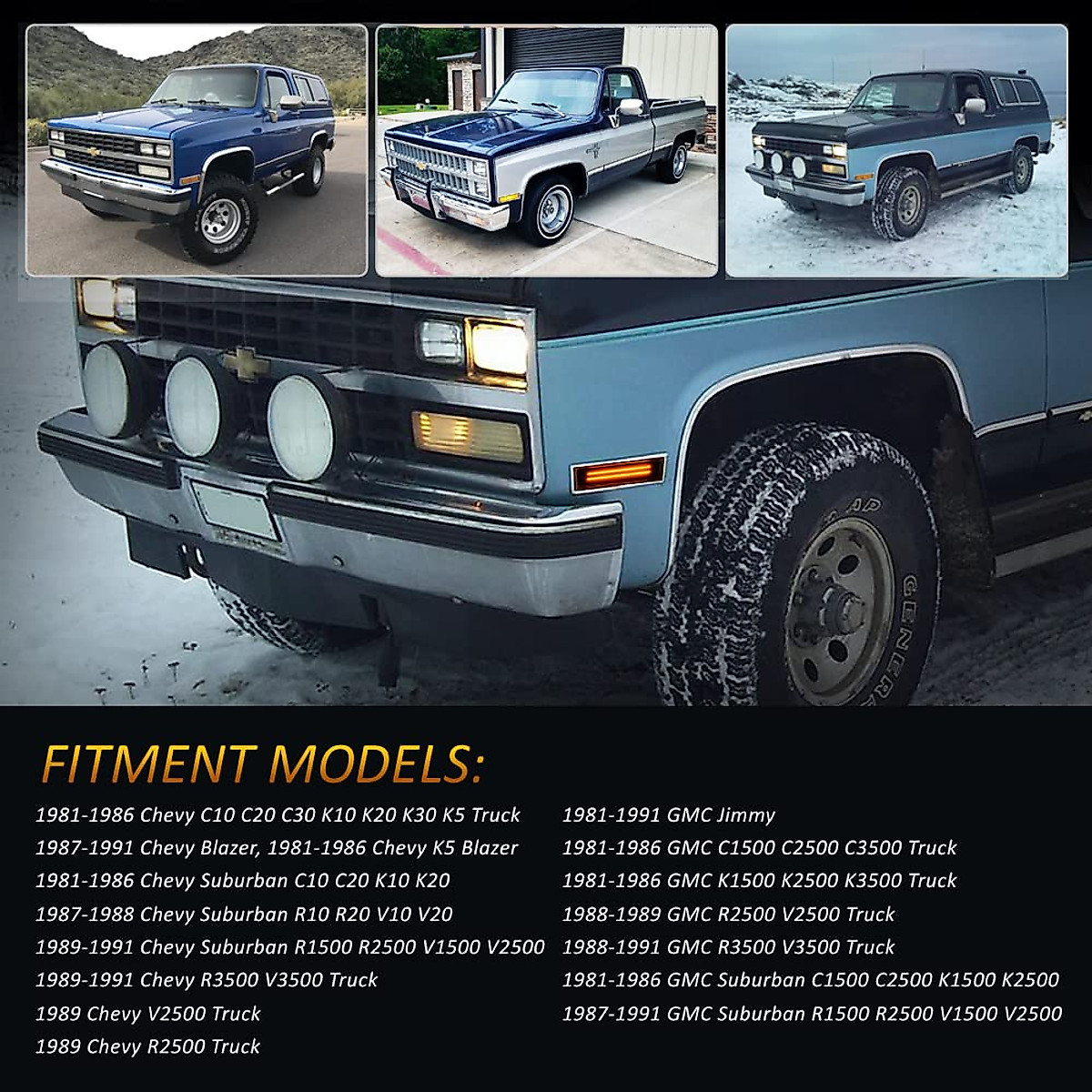 D-Lumina LED Side Marker Lights Smoked Lens for 1981-1991 Chevy C10 C20 C30 GMC C1500 C2500 Suburban Blazer Jimmy, Front Fender LED Side Marker Light, Driver & Passenger Side, Pack of 2