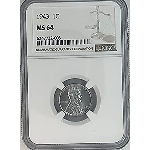 1943 P US WWII Era Lincoln Steel Penny Cent PCGS MS-64