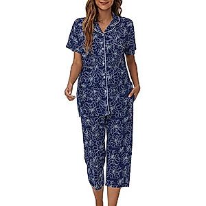Tugege Capri Pajamas Set Womens Button Down Short Sleeve Lounge Sets Sleepwear Notch Collar Top & Capri 2 Piece PJ Sets