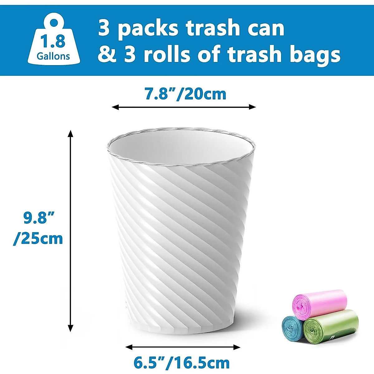Bathroom Trash Can, 3 Pack 1.8 Gallons Small Trash Can with Trash Bags, Bathroom Garbage Can, Plastic Trash Bin, Round Waste Basket for Bathroom, Bedroom, Office, Kitchen, Room, Compact Space (White)