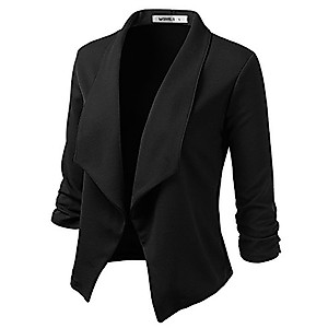 DOUBLJU Women's Casual Work Ruched 3/4 Sleeve Open Front Blazer Jacket with Plus Size Black