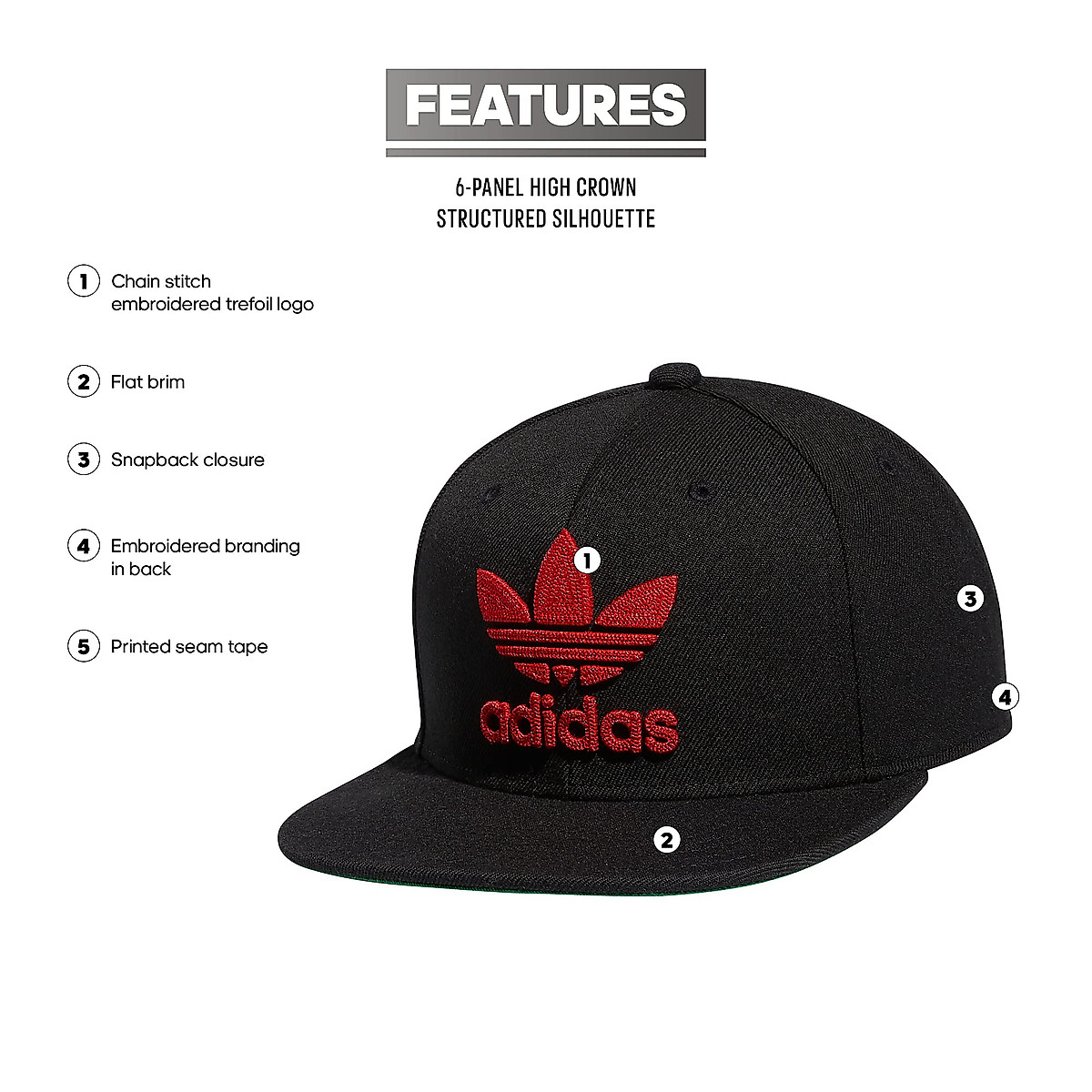 adidas Originals Men's Trefoil Chain Flatbrim Snapback Cap, Black/Better Scarlet, One Size