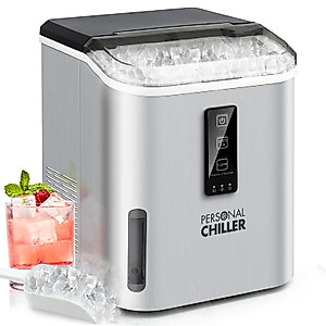 Personal Chiller Soft Nugget Countertop Ice Maker, 50lbs in 24H, Self-Cleaning Chewable Pellet Ice Machine for Kitchen, Office Stainless Steel Silver