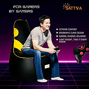 SATTVA 3.5Ft Faux Leather Gaming Bean Bag Chair for Adults - Big Bean Bag Covers Only (No Filling), Love Sack Bean Bag, Ultra Soft Zipper, for Dorm & Family Room_Black & Yellow