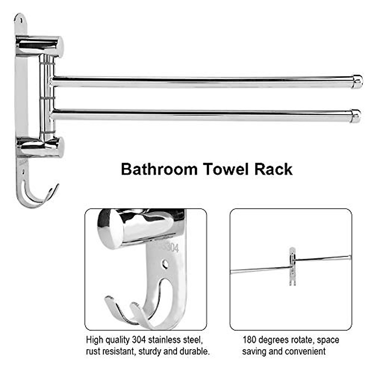 Oumefar Towel Rack, Wall Mounted Towels Rail Rust Resistant Easy To Install 304 Stainless Steel for with Hook for Bathroom(Two shots) Plumbingfixtures