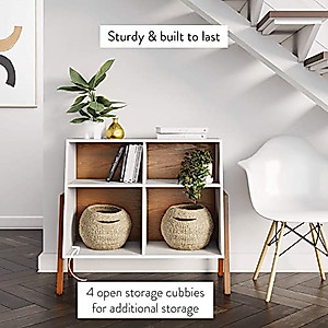 Nathan James 71001 Telos 4-Cube Storage Organizer, White Storage Open Cubby Shelf with Angled Design, Brown/Glossy White