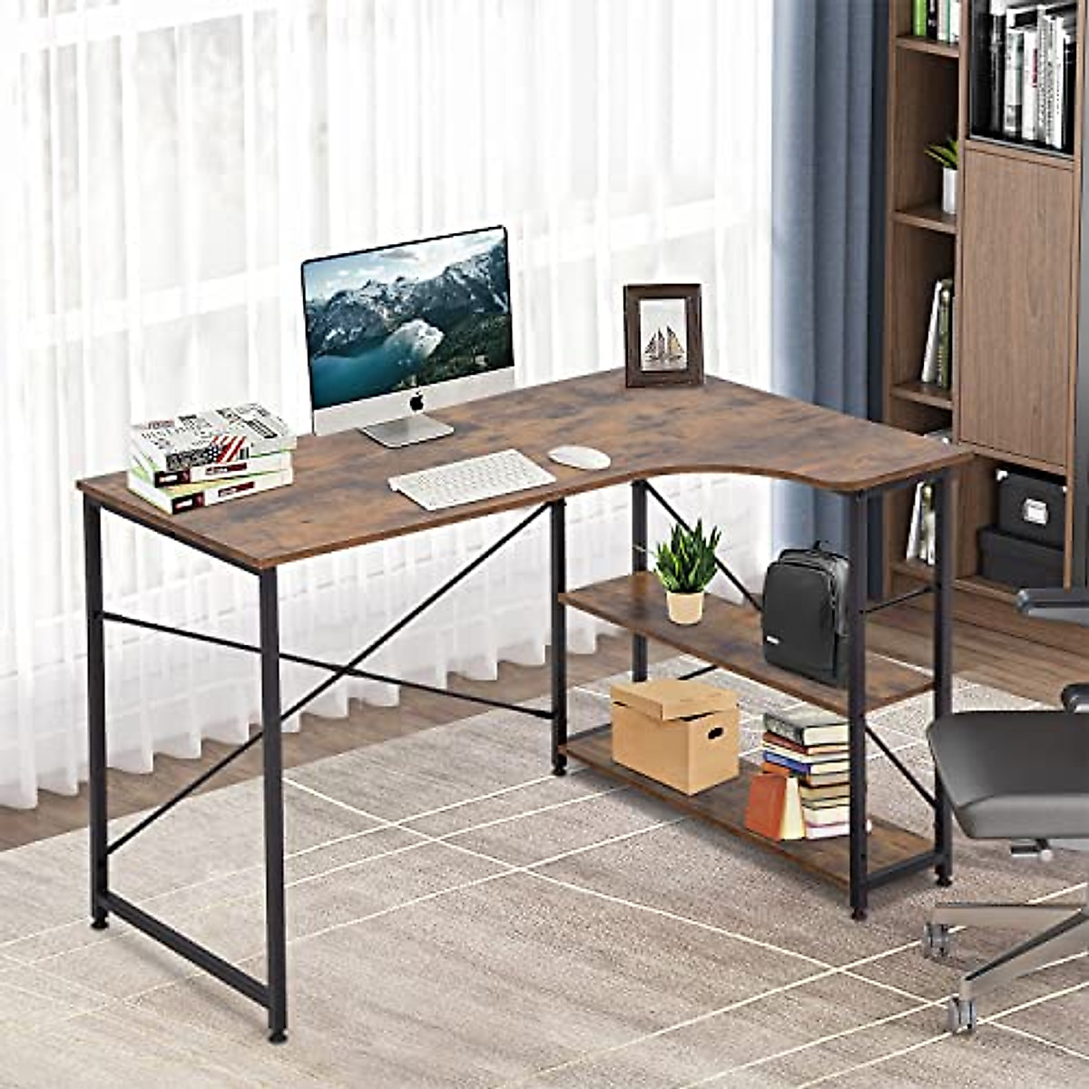 PayLessHere 47" Computer Desk Writing Bookshelf, L-Shaped Simple Modern Study Desk Laptop Table Workstation for Home Office, Easy Assembly, Dark Brown