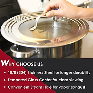 KEISSCO Stainless Steel Universal Lid for Pots, Pans and Skillets - Fits 7" to 12" Pot and Pans - Tempered Glass with Stainless Steel Rim Replacement Frying Pan Cover and Cast Iron Skillet Lid